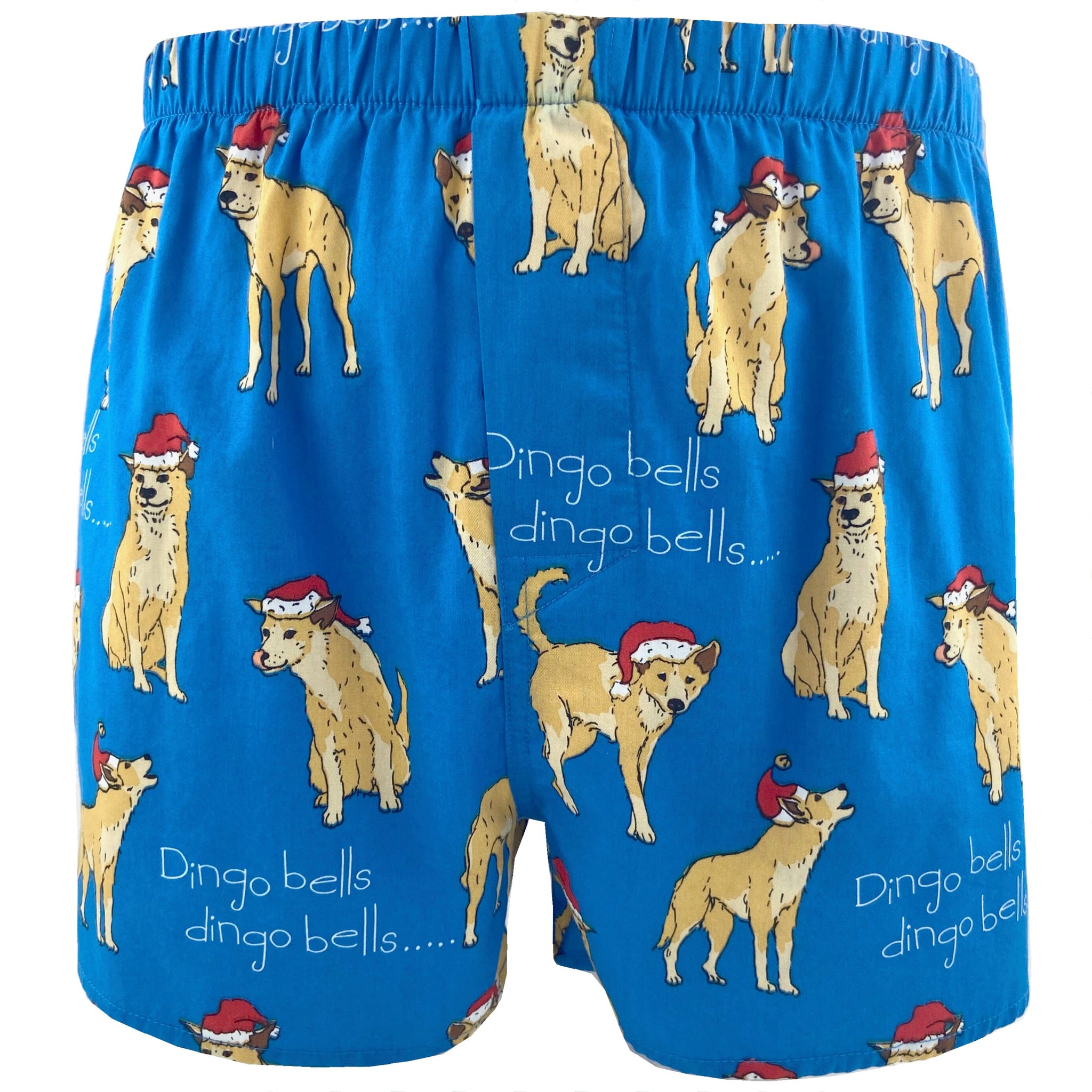 Men's Bright Blue Dingoes Wearing Santa Hats Dingo Bells Boxer Shorts