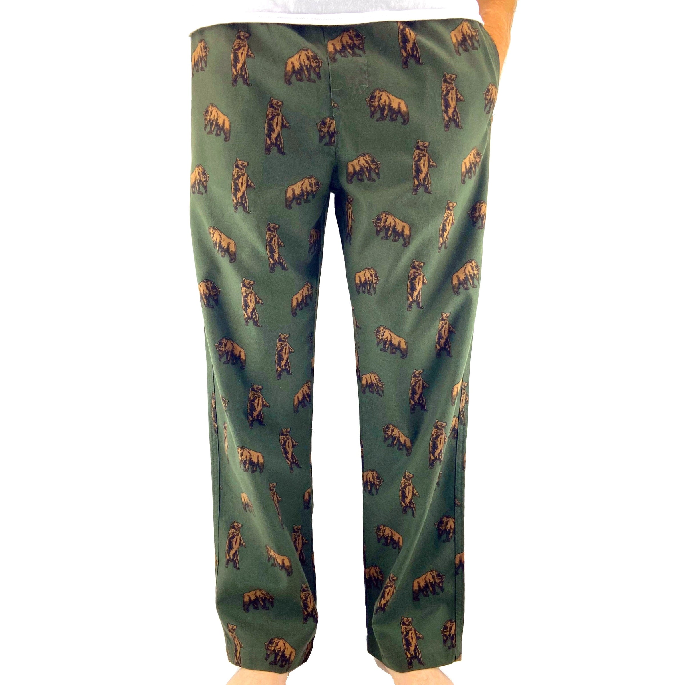 Men's Brown Grizzly Bear Patterned Thick Cotton Long PJ Pajama Bottoms