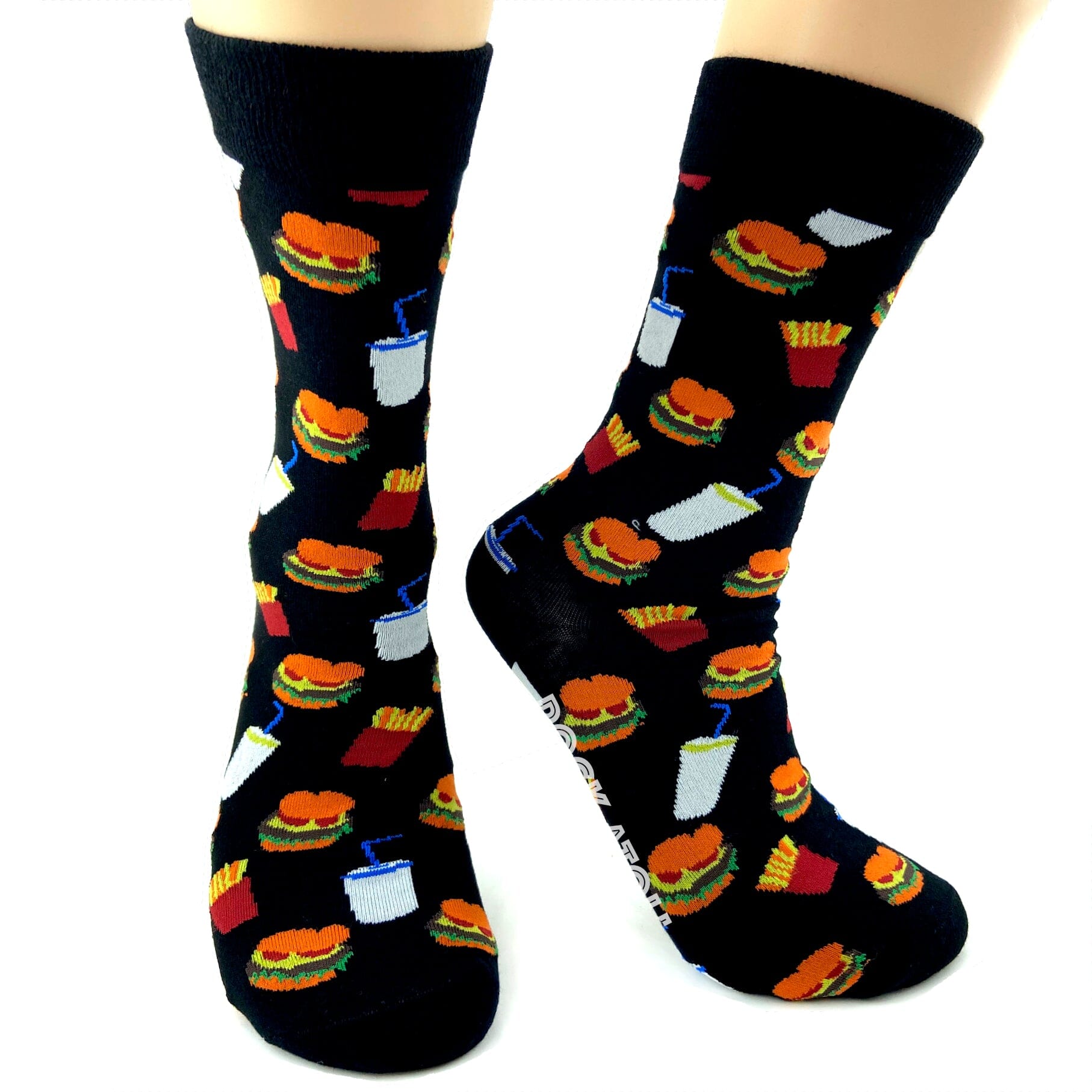 Black Unisex French Fries Burgers & Soda Print Fast Food Novelty Socks