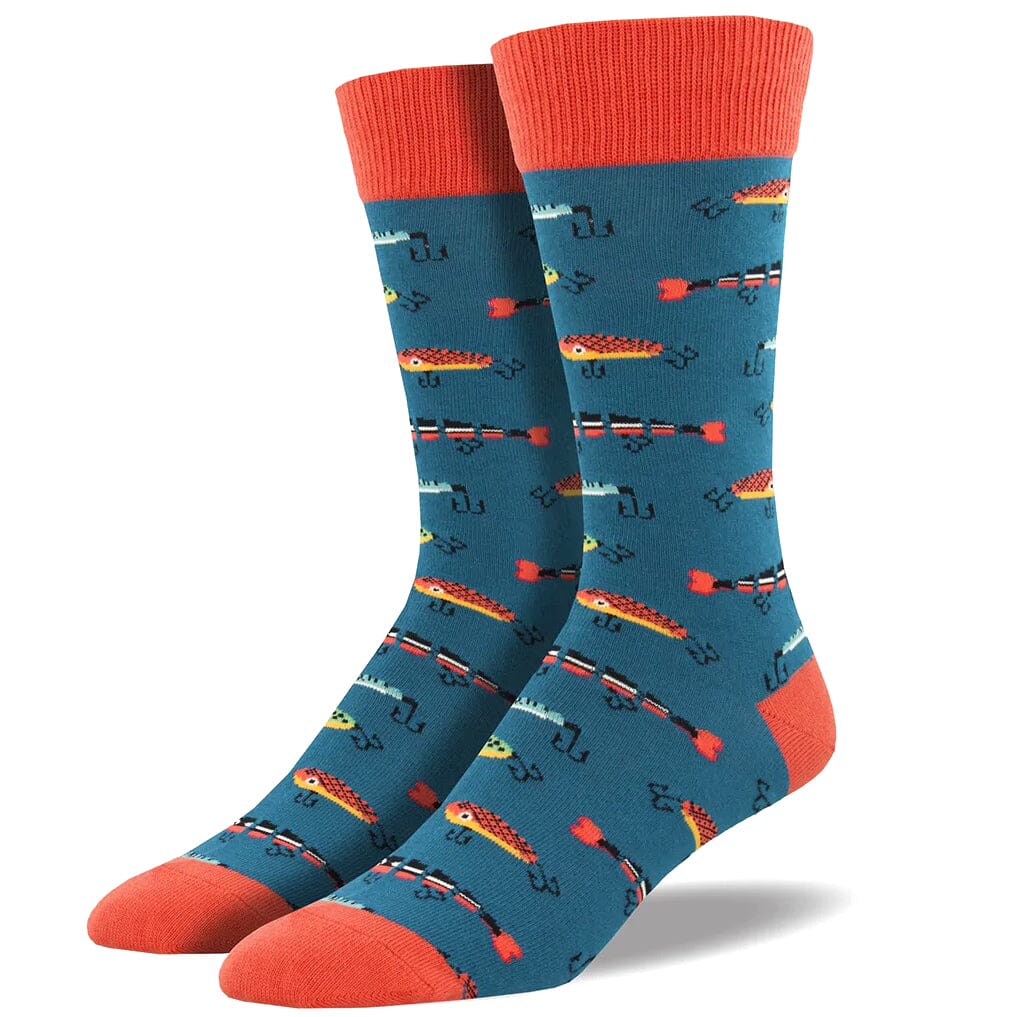 Blue Unisex Fishing Lure Bait Patterned Outdoorsy Novelty Crew Socks